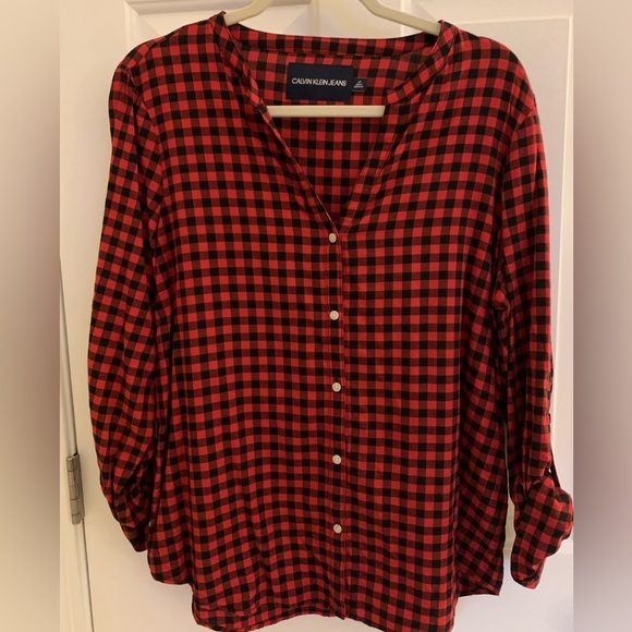 Calvin Klein Jeans | Tops | Calvin Klein Jeans Red Buffalo Check Button ...